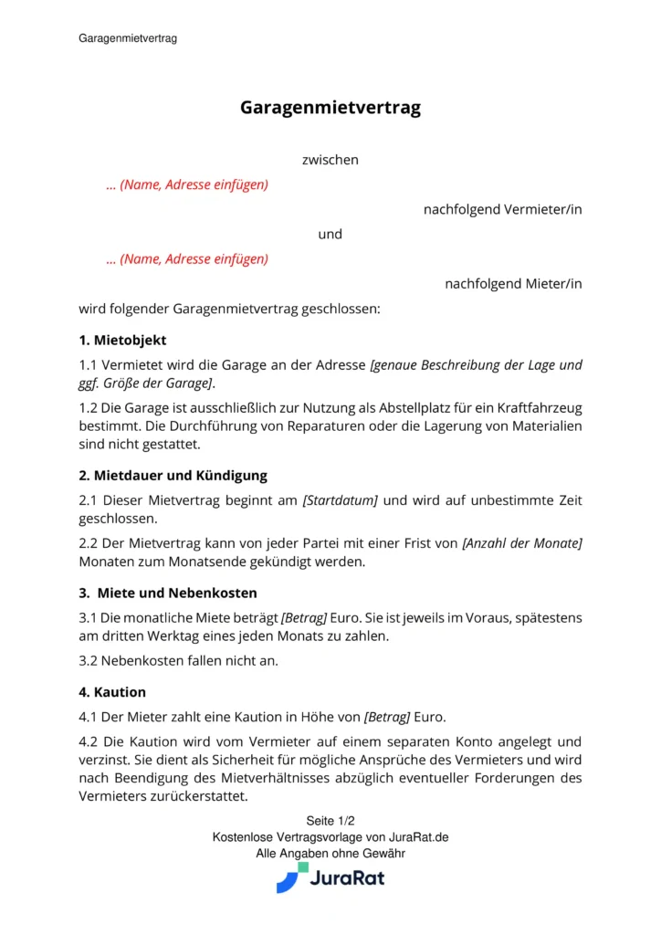 Mietvertrag Garage: Kostenlose Word- und PDF-Vorlage • 2024