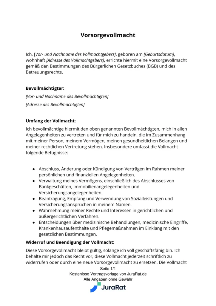 Vorsorgevollmacht Muster: Ratgeber, PDF- & Word-Vorlage